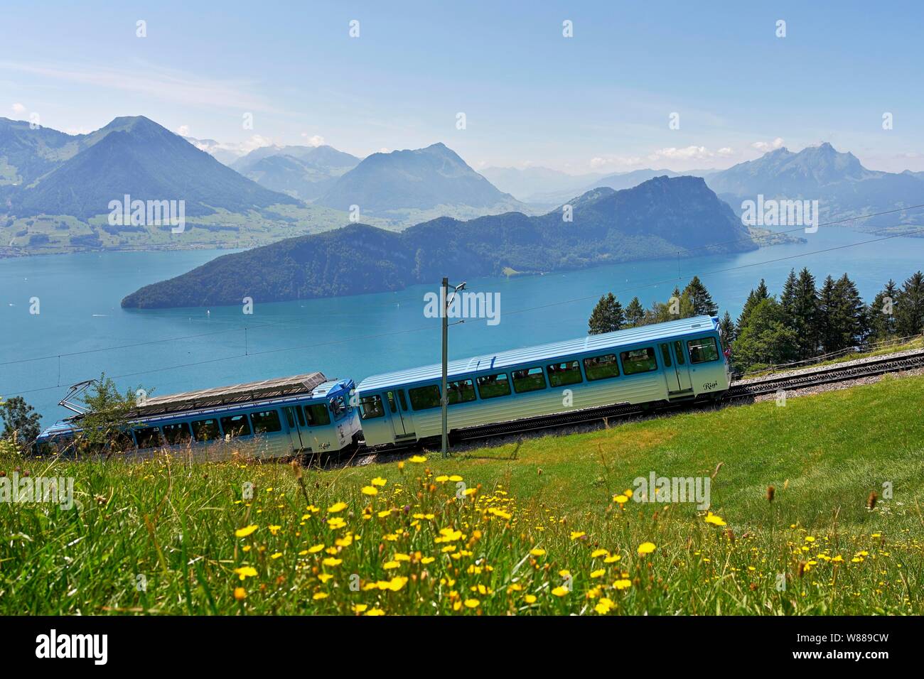 Zahnradbahn auf die Rigi, hinter den Vierwaldstättersee mit Burgenstock ...