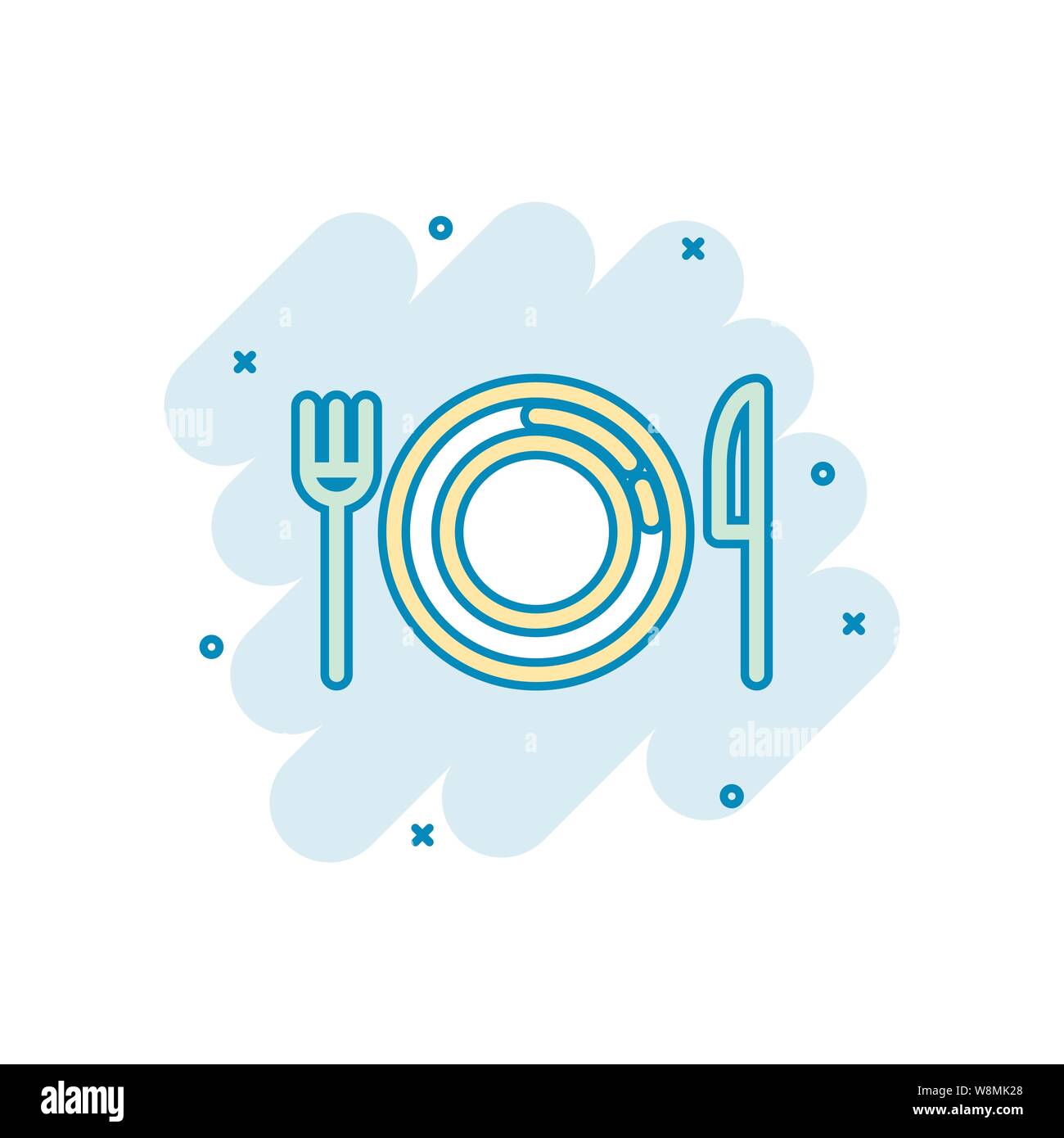 Gabel, Messer und Teller Symbol im Comic-stil. Restaurant vektor ...