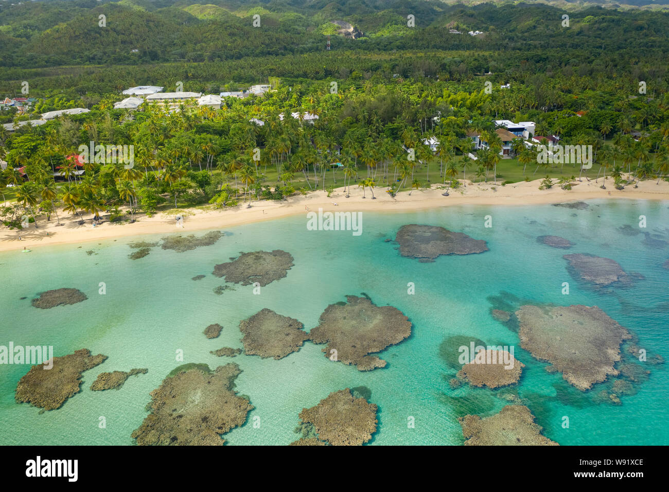 Luftaufnahme von tropischen Strand. Halbinsel Samana, Bahia Principe ...
