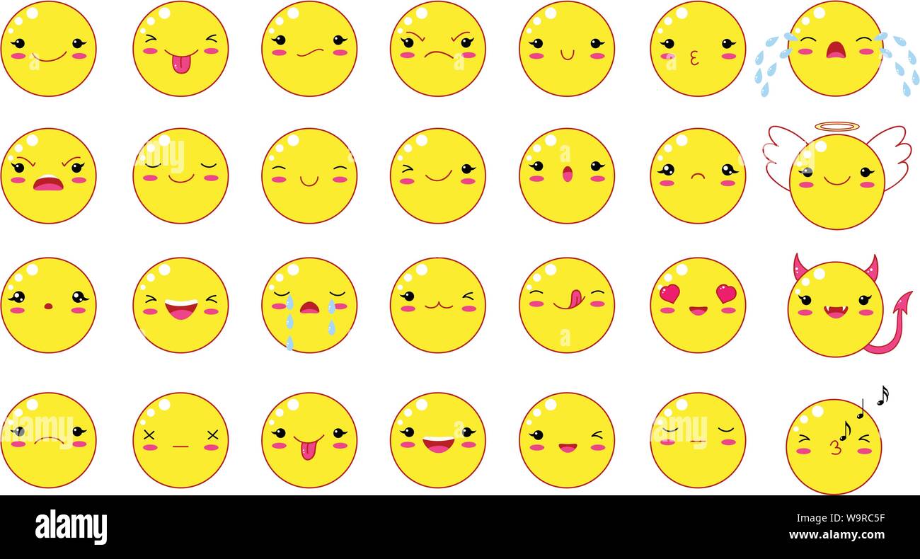Lustige kawaii Stil Emoticons smileys eingestellt. Der gelbe Farbe mit ...