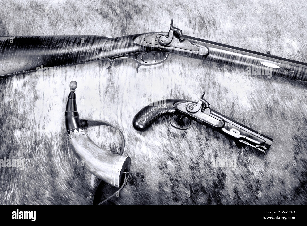 Antike procussion Gap und Kugel Gewehr, Pistole und Schießpulver Horn ...