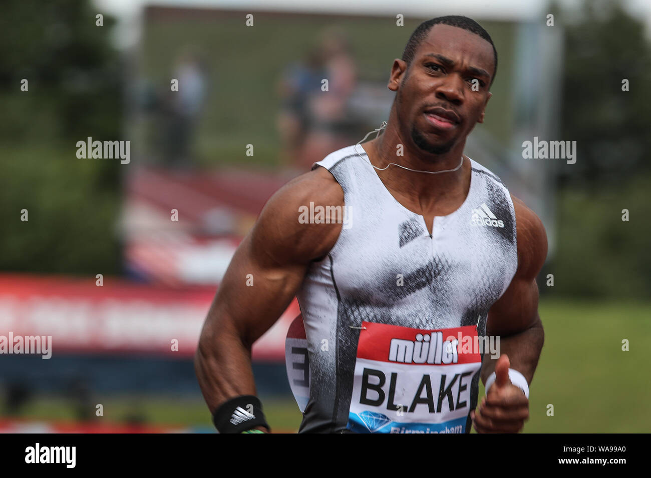 Birmingham, Großbritannien. 18 Aug, 2019. Yohan Blake von Jamaika gewinnt bei den Männern 100 ...