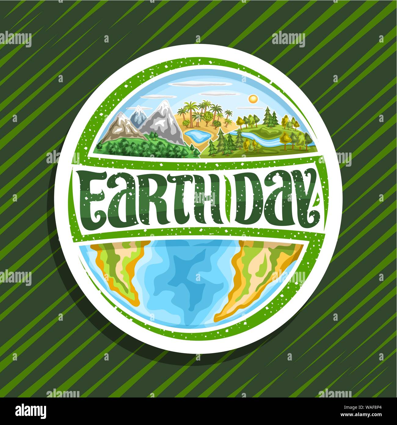 Vektor Logo zum Tag der Erde, weiße runde Symbol mit 3 Hügel von Bergen ...