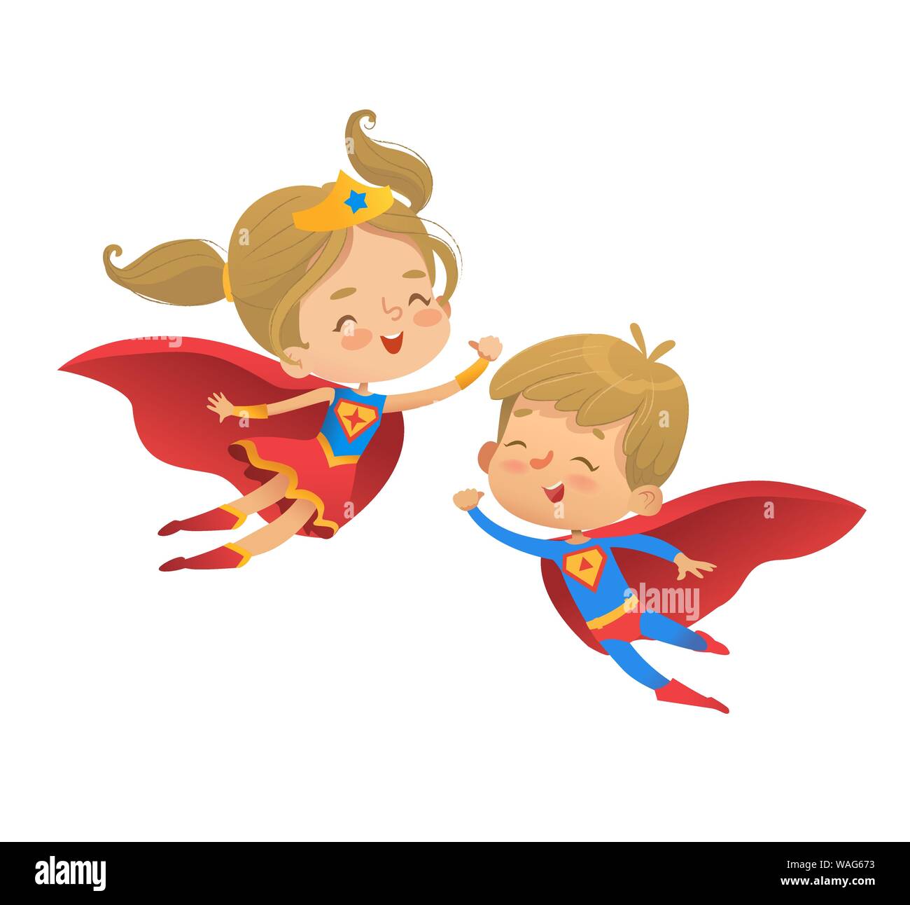 Fliegen und lachen Superhelden Junge und Mädchen. Braunes Haar Super ...