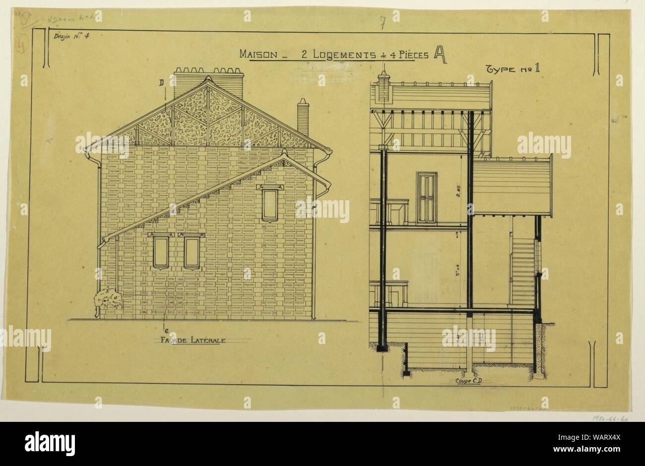 Zeichnung, Rendering der Seite Höhe und Querschnitt einer Zwei Familie ...