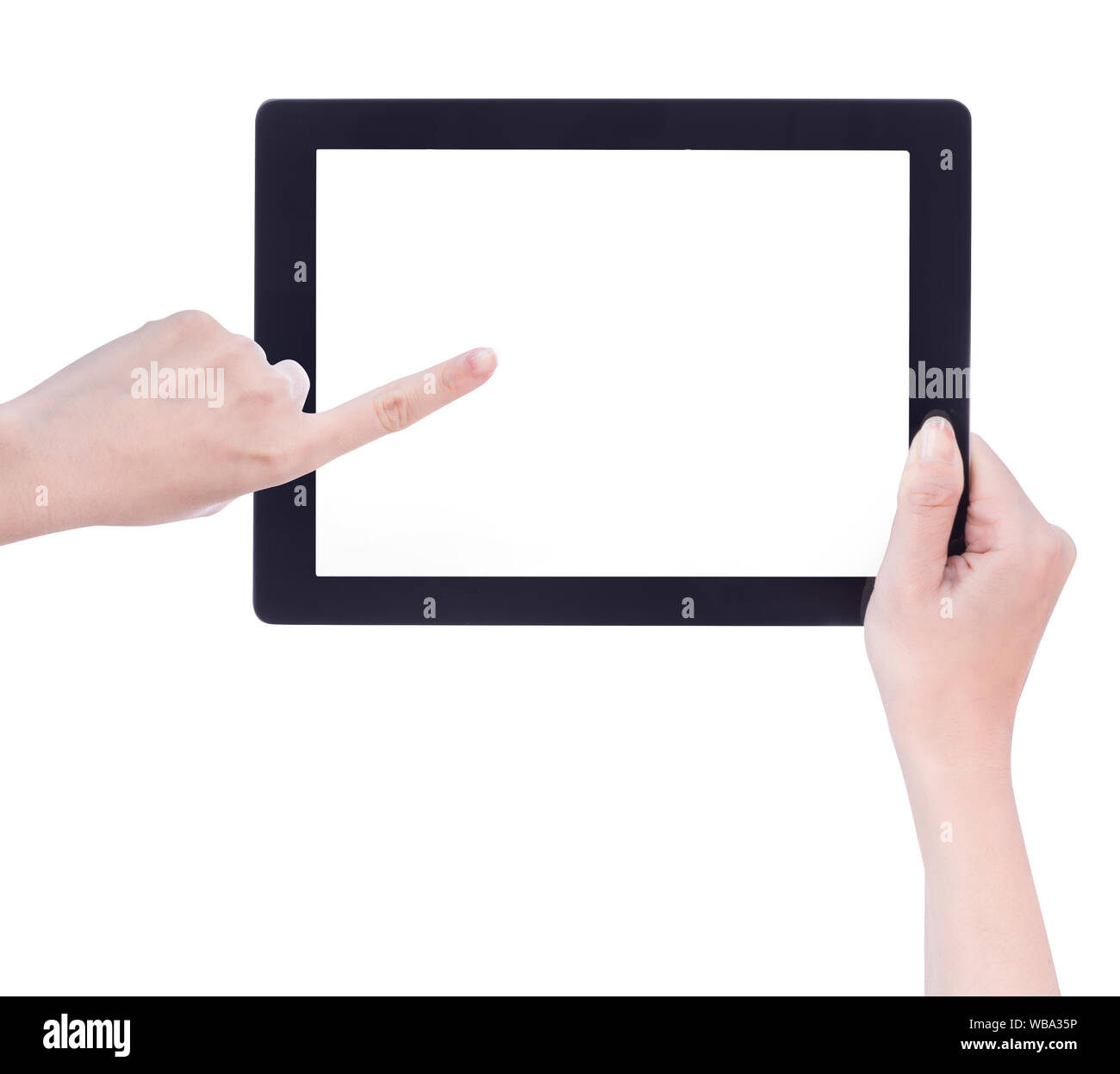 Junge schöne Mädchen, dass eine Schwarze tablet pc-Vorlage mit weißer ...