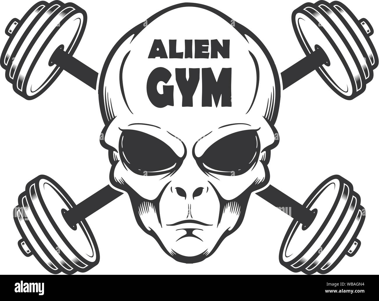 Alien Fitnessraum. Alien Kopf mit gekreuzten Barbells. Design Element ...