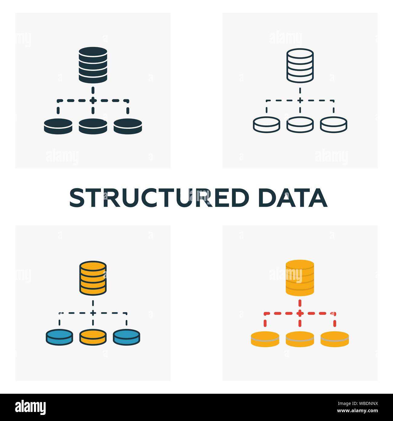 Strukturierte Daten Symbol gesetzt. Vier Elemente in verschiedenen ...