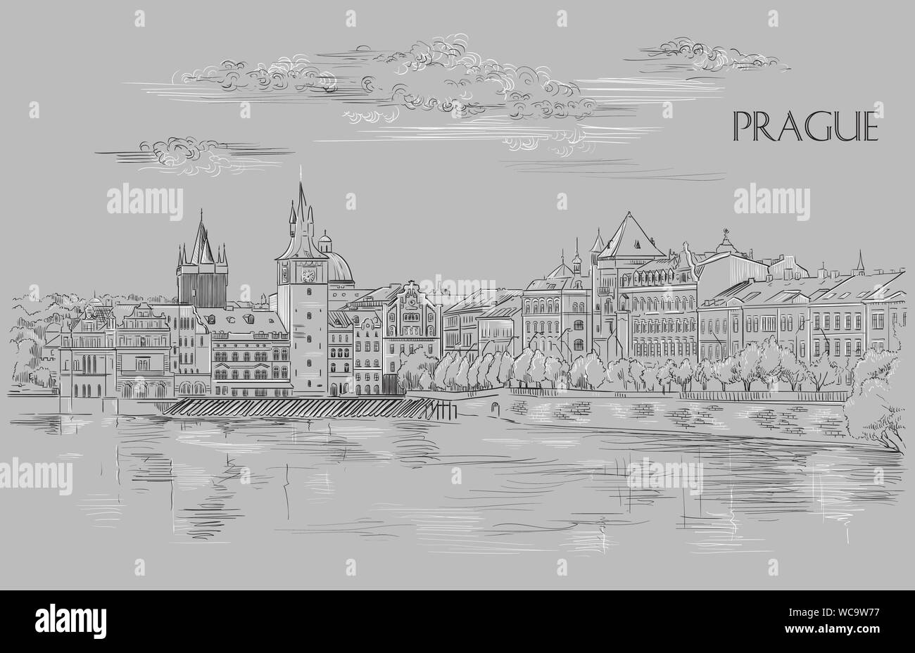 Vektor hand Zeichnung Abbildung: Prager Altstadt Panorama, Moldau ...