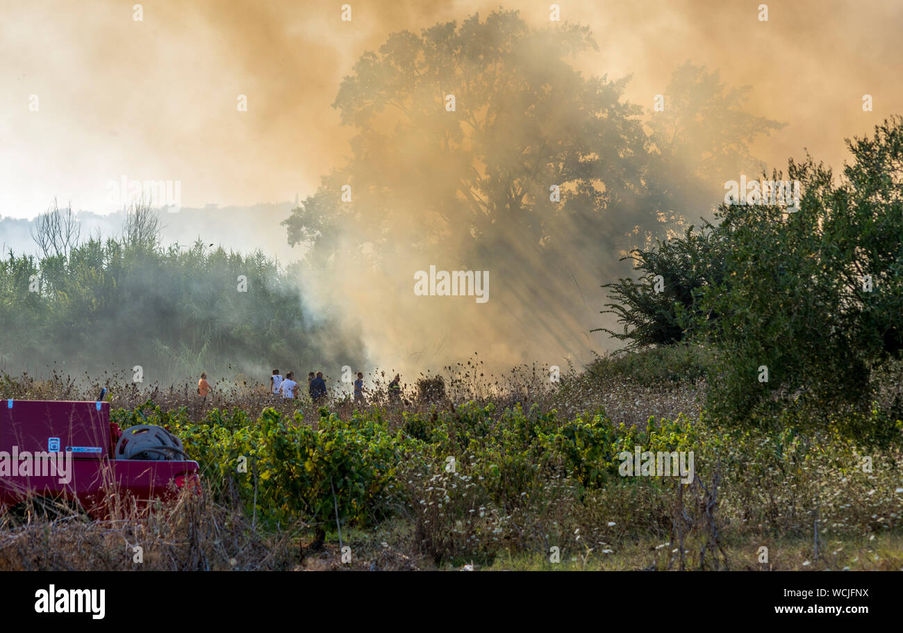Feuerwehrleute kämpfen gegen wilde Waldbrände auf Korfu in Griechenland ... Feuerwehrleute kämpfen gegen wilde Waldbrände auf Korfu in Griechenland ...