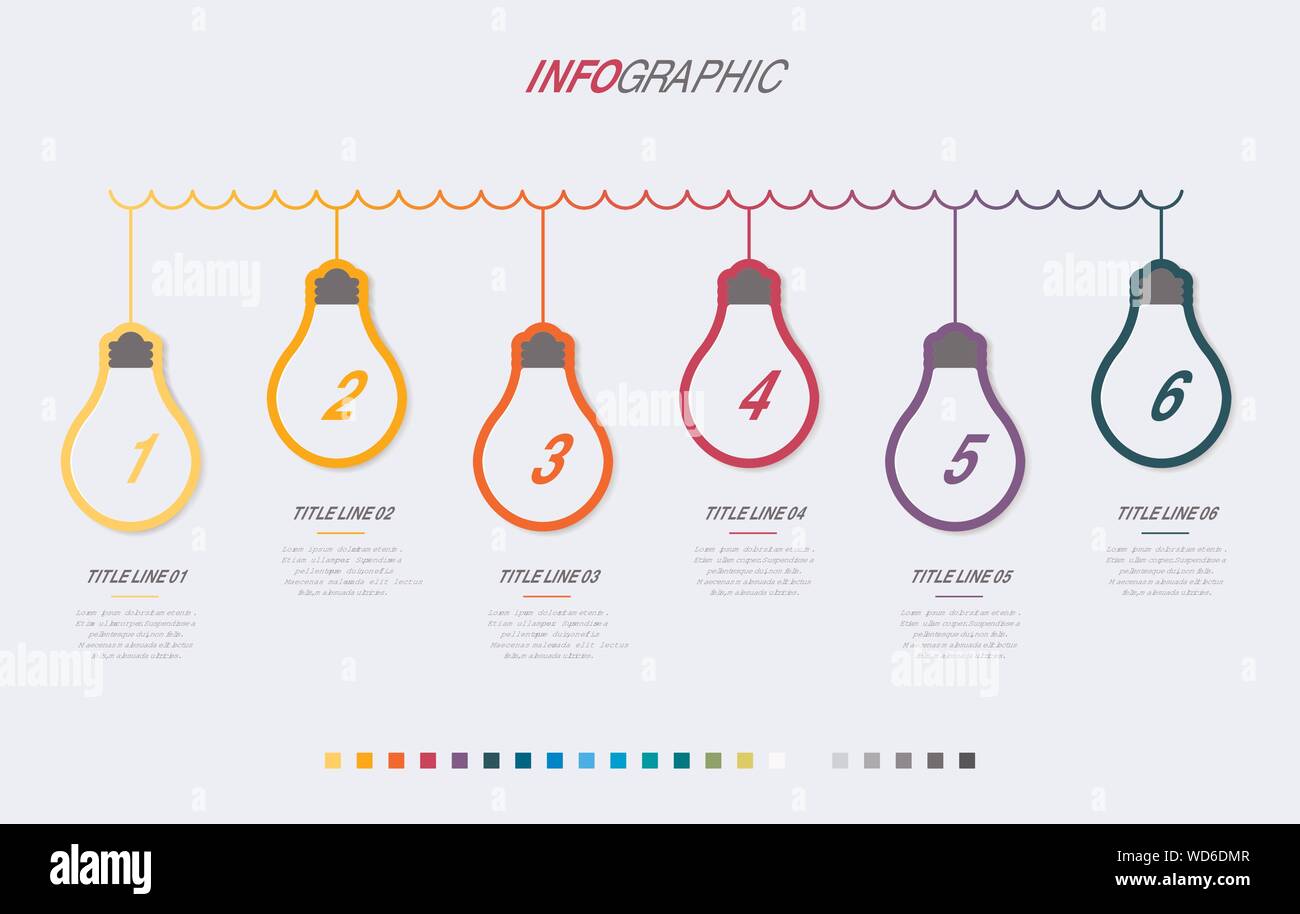 Bunte Diagramm, Glühbirnen Infografik Vorlage. Timeline mit 6 Schritten ... Bunte Diagramm, Glühbirnen Infografik Vorlage. Timeline mit 6 Schritten ...