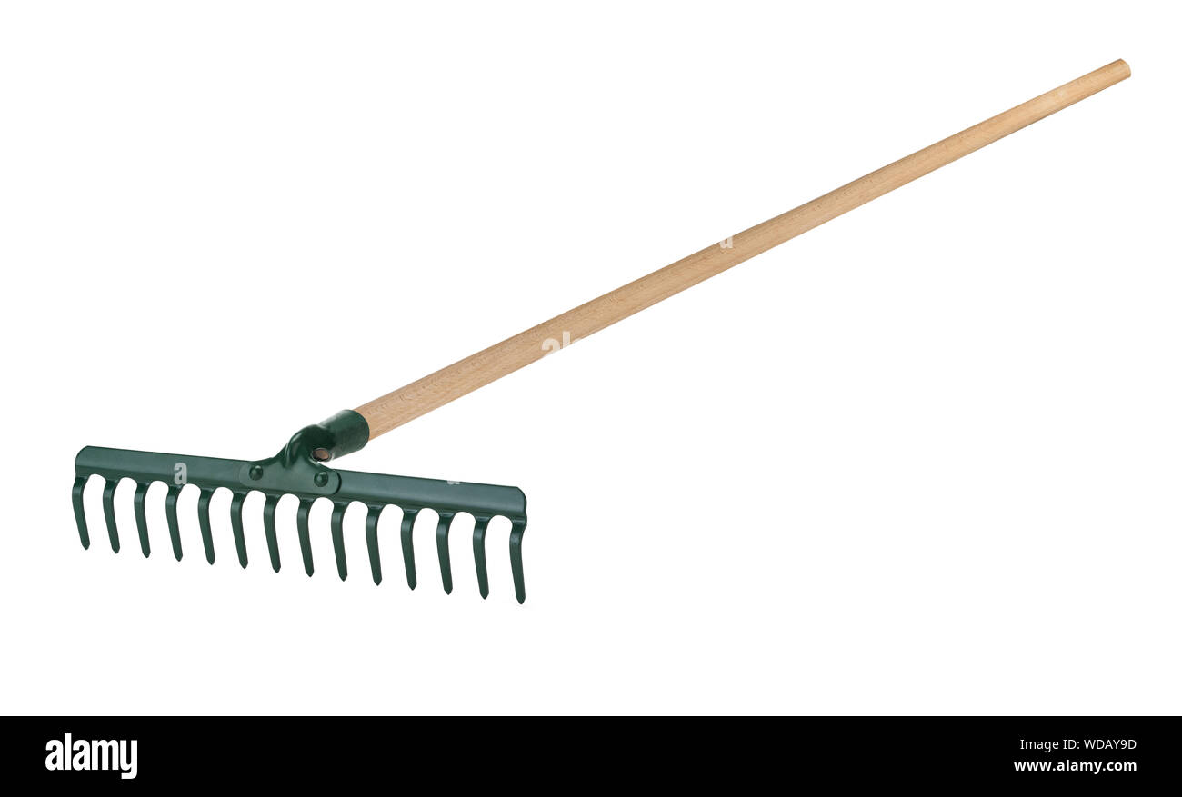 Rechen aus Metall mit Holz Griff isoliert auf weißem Hintergrund ...
