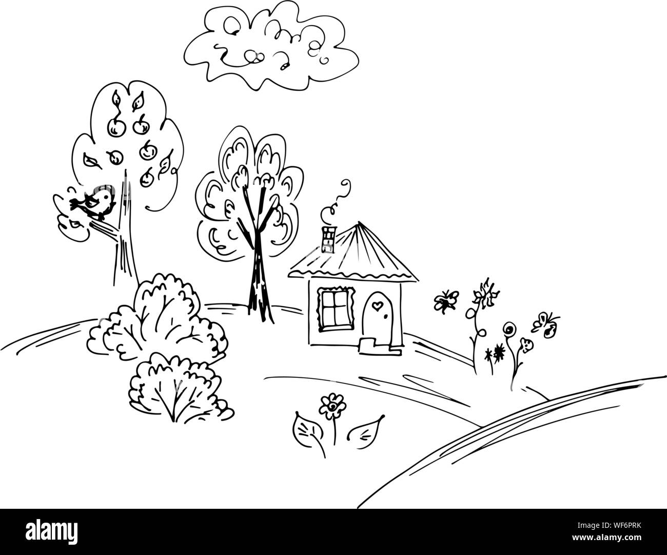 Skizze von Haus auf dem Land, umgeben von Bäumen. Hand Vector ...