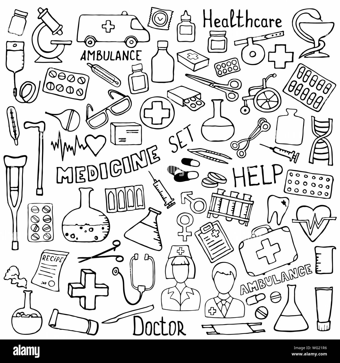 Hand Medizin Icon Set erstellt. Medizinische skizziert. Gesundheit ...