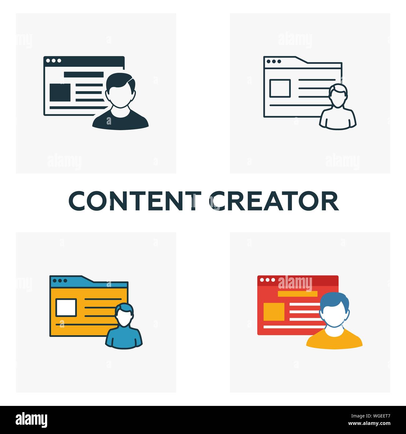 Content Creator Symbol gesetzt. Vier Elemente in verschiedenen ...