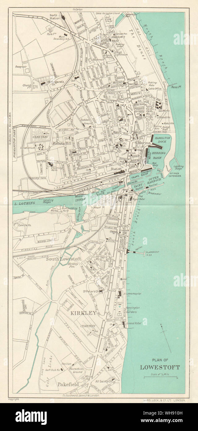 LOWESTOFT vintage Ort/Stadt planen. Suffolk. Kirkley. Station LOCK 1938 ...