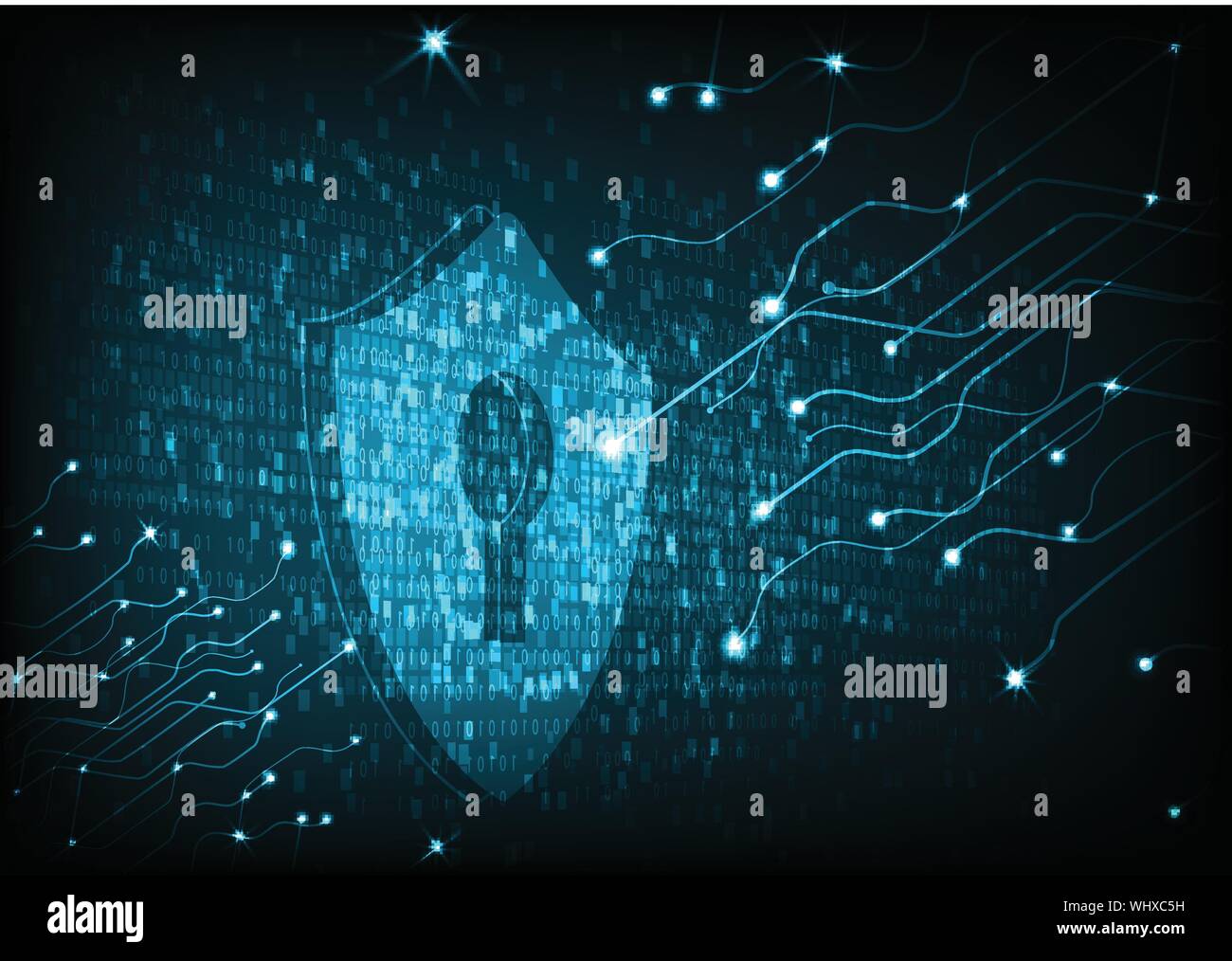 Cyber Security Konzept: Schild mit Schlüsselloch Symbol auf digitale Daten Hintergrund. Zeigt ...