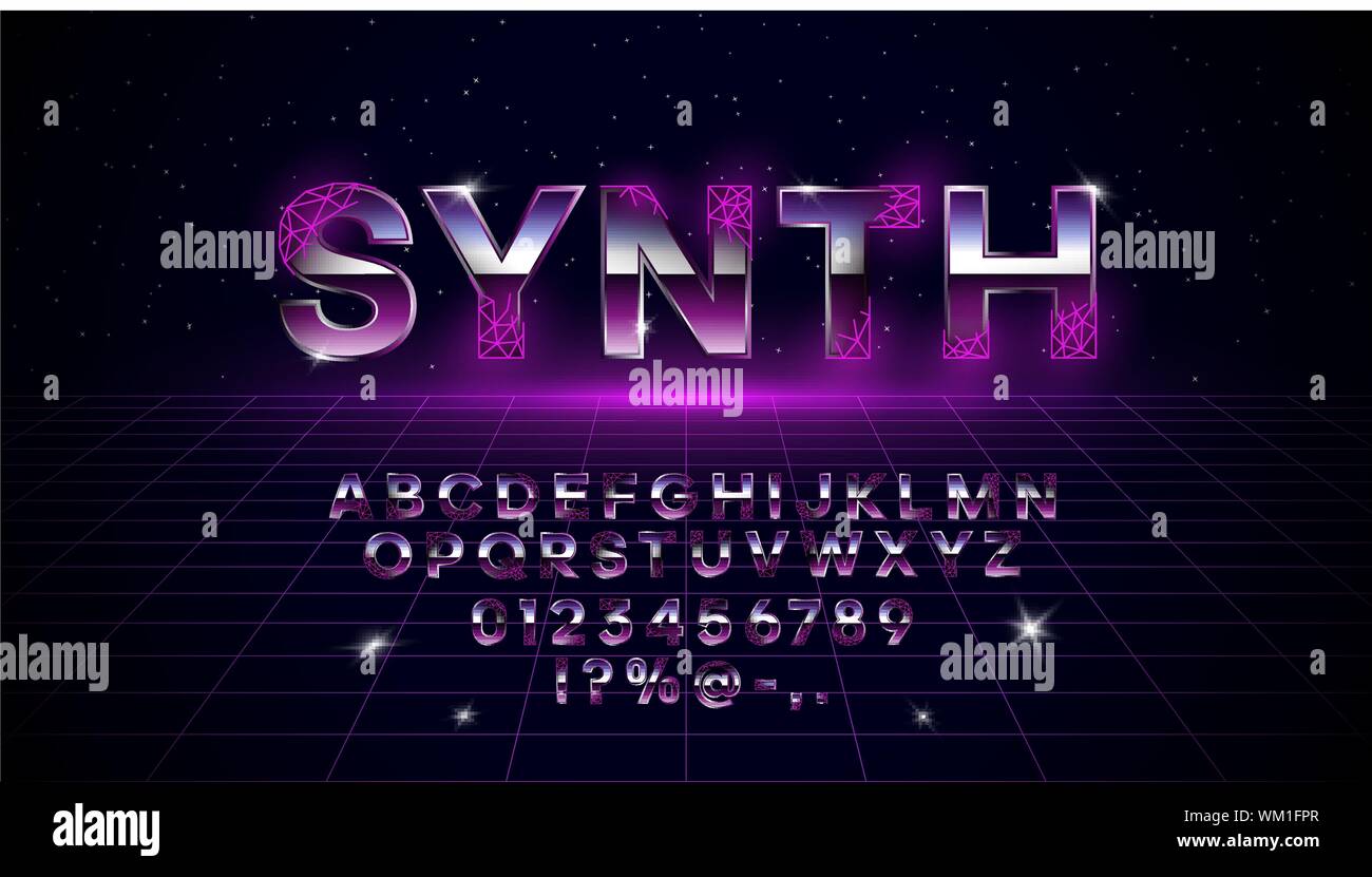 Retrowave synthwave vaporwave Font im 80er Jahre Stil. Retrowave design Buchstaben, Zahlen ...