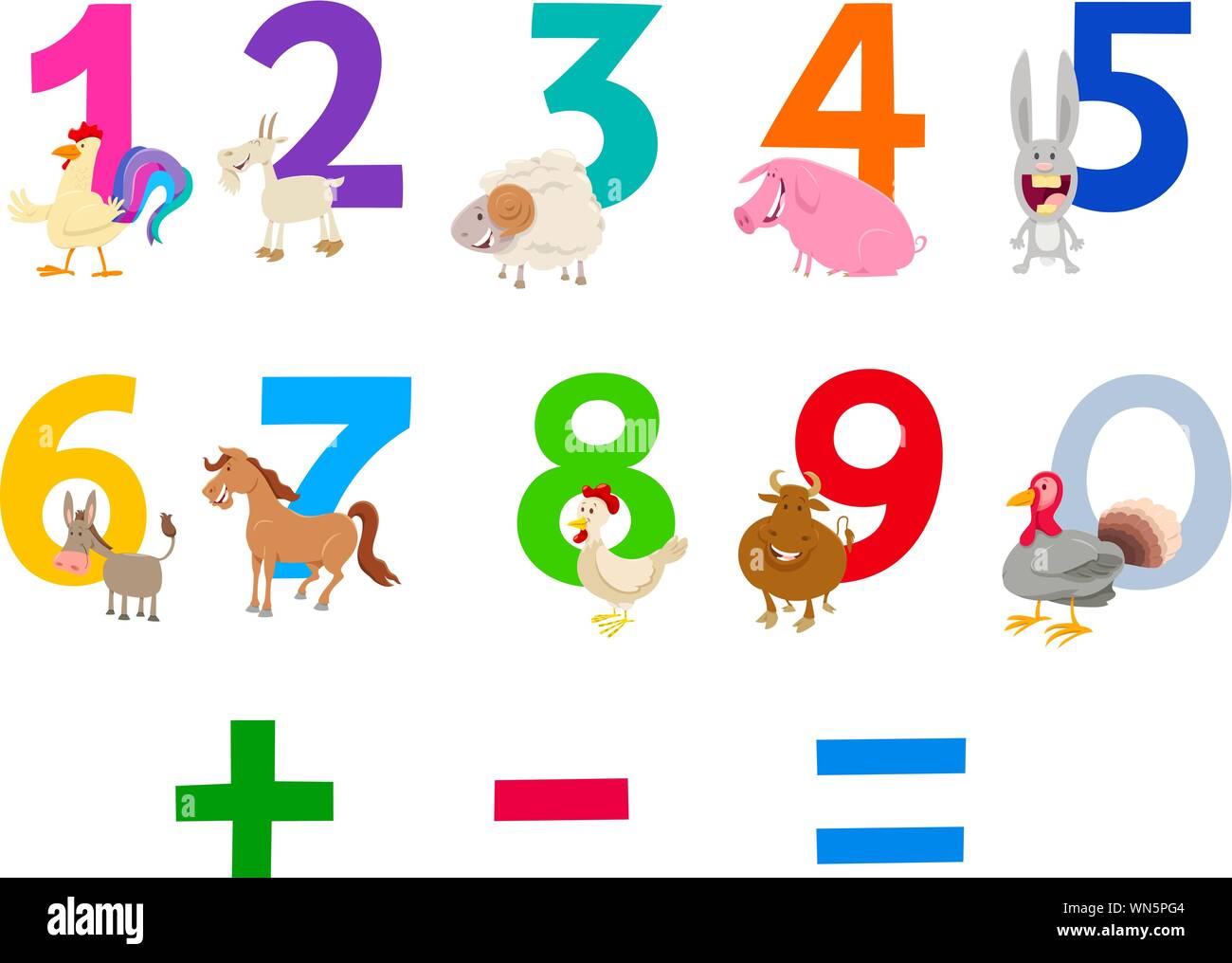 Cartoon Illustration der Zahlen von Null bis Neun mit niedlichen Farm ...