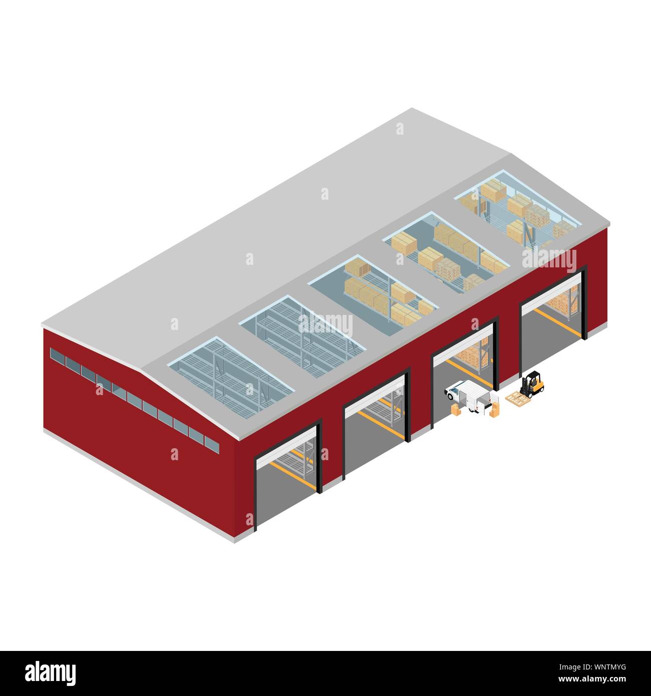Lagerhaus Cargo Transport, LKW-Lieferung. Logistikkonzept. Industrielle ...