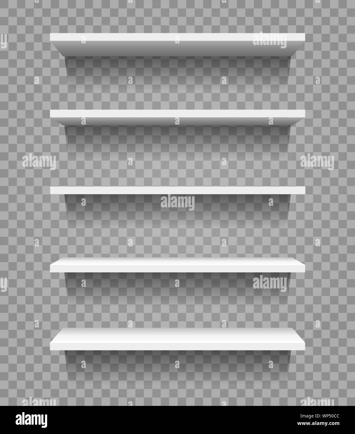 Weiße leere Regale auf transparentem Hintergrund isoliert. Showcase ...