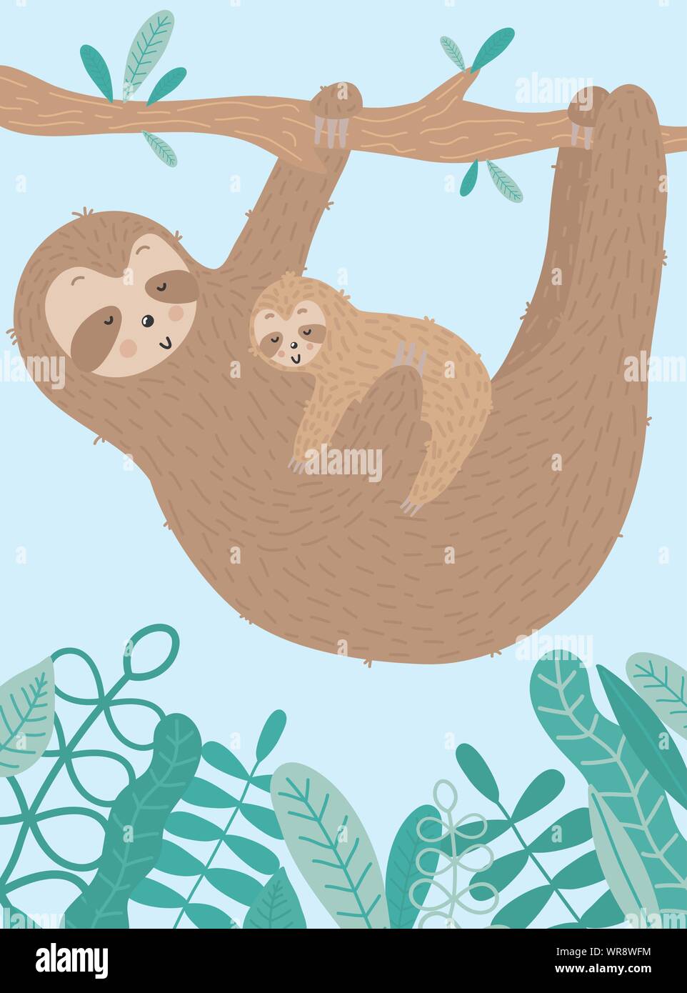Vektor Bild eines sleppy Faultier mit Baby auf dem Zweig ...