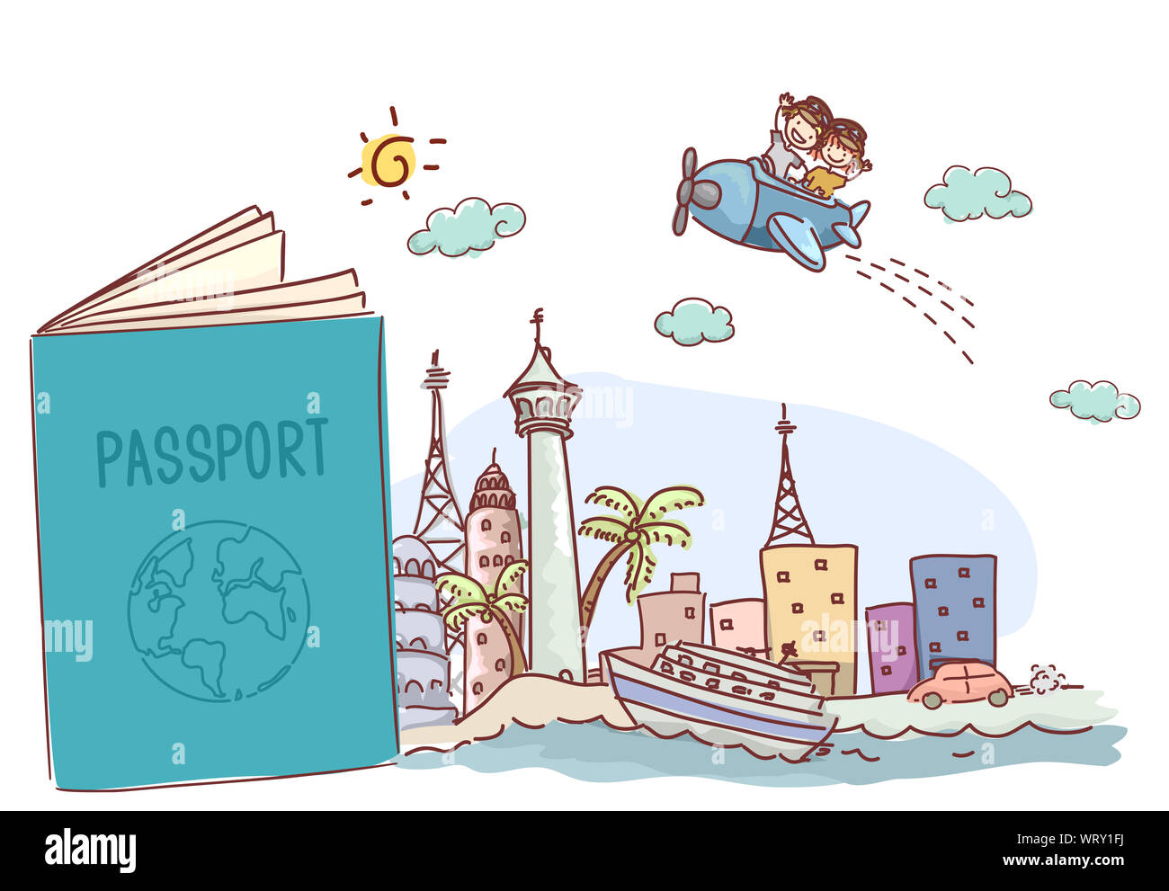 Abbildung: Eine offene Reisepass mit Reisen Doodles und Stickman Kinder ...