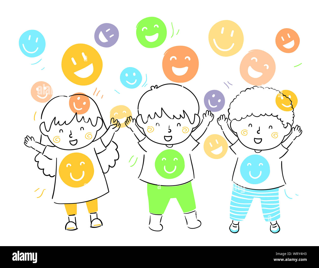 Abbildung: Kinder mit Händen und Fallende smiley-Gesichter. Glück ...