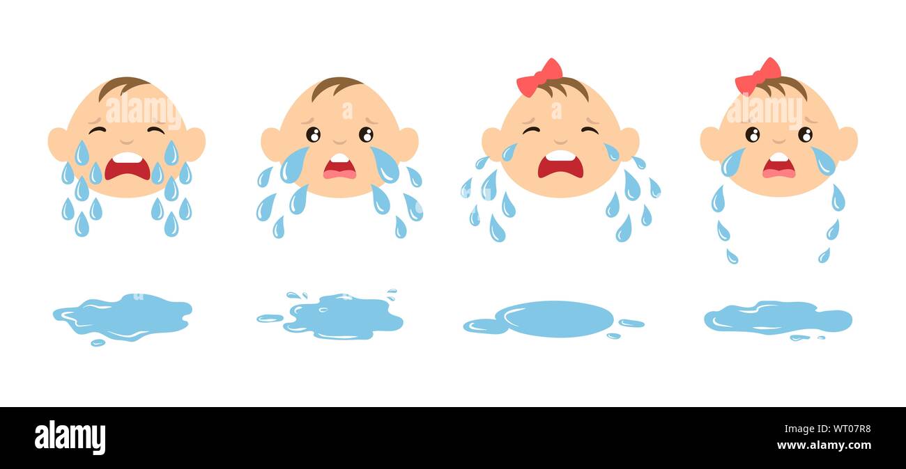 Eingestellt von Cartoon Baby schreien Gesichter mit Tropfen und Pfützen ...