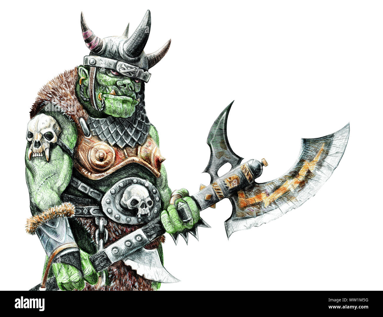 Ork mit Axt. Fantasy Bleistiftzeichnung. Monster Kreatur Abbildung ...