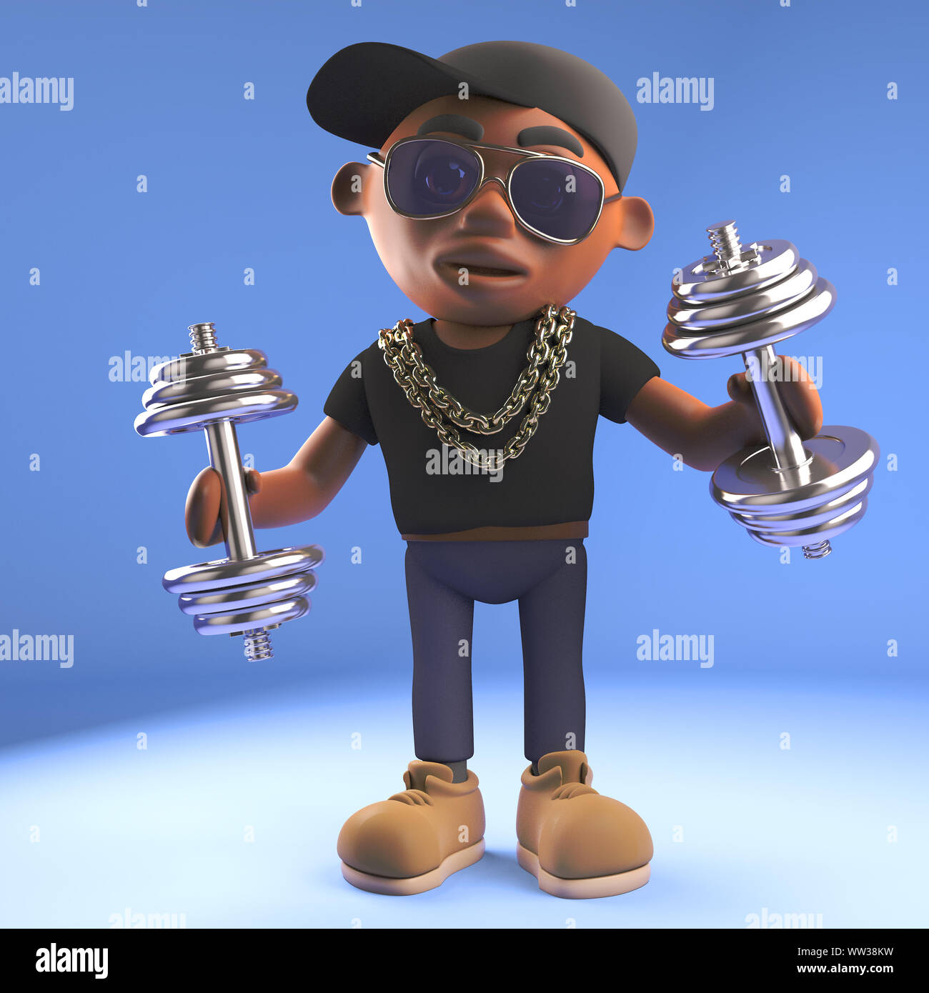 Gesunde schwarze hiphop Rapper im Baseball Cap mit Gewichten fit zu ...