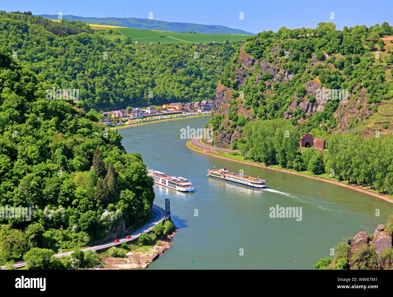 Flusskreuzfahrtschiffe im Rheintal mit der Loreley bei St. Goarshausen ...
