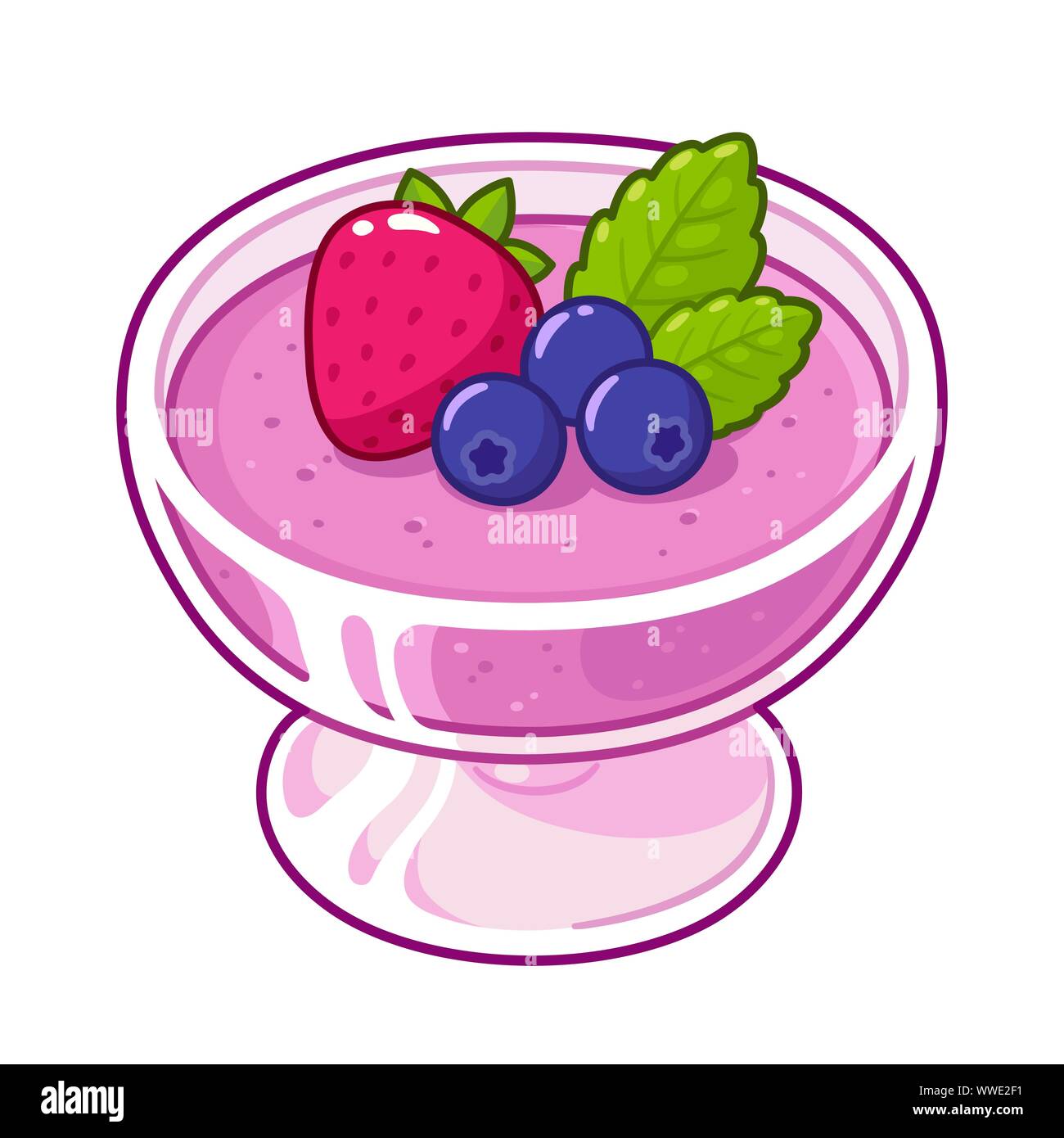 Berry mousse Dessert im Glas dekoriert mit Erdbeeren, Brombeeren und ...