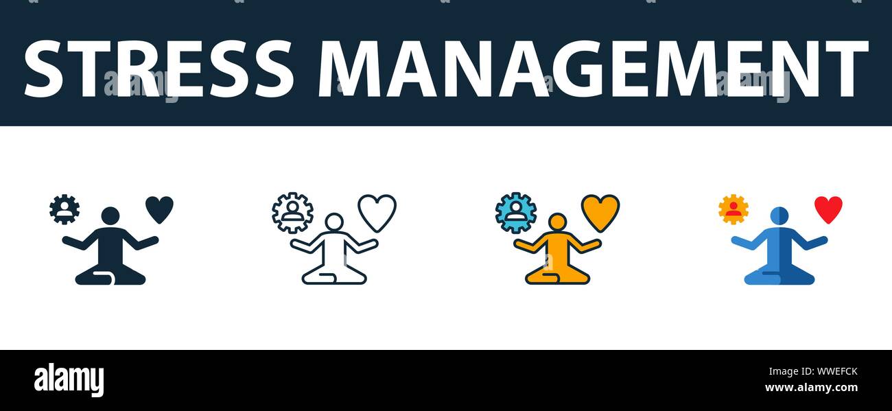 Stress Management Icon Set. Vier einfache Symbole in verschiedenen ...