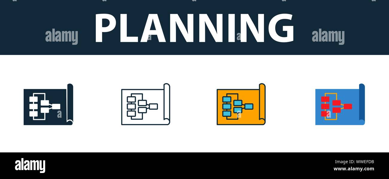 Planung Icon Set. Vier einfache Symbole in verschiedenen Stilrichtungen ...