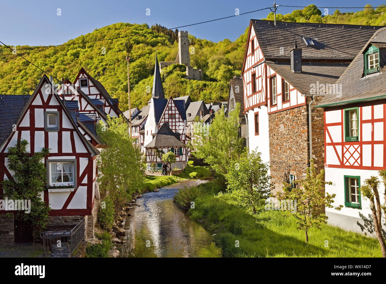 Historische Altstadt mit Fachwerkhäusern am Elzbach und die Ruinen des ...