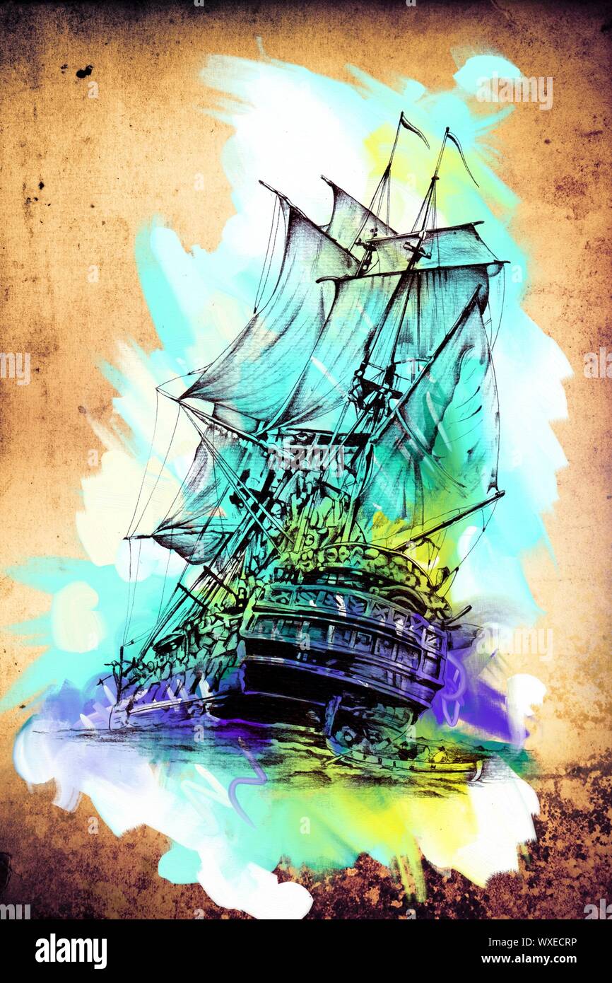 Altes Schiff gemalt, Öl art Illustration Stockfotografie - Alamy