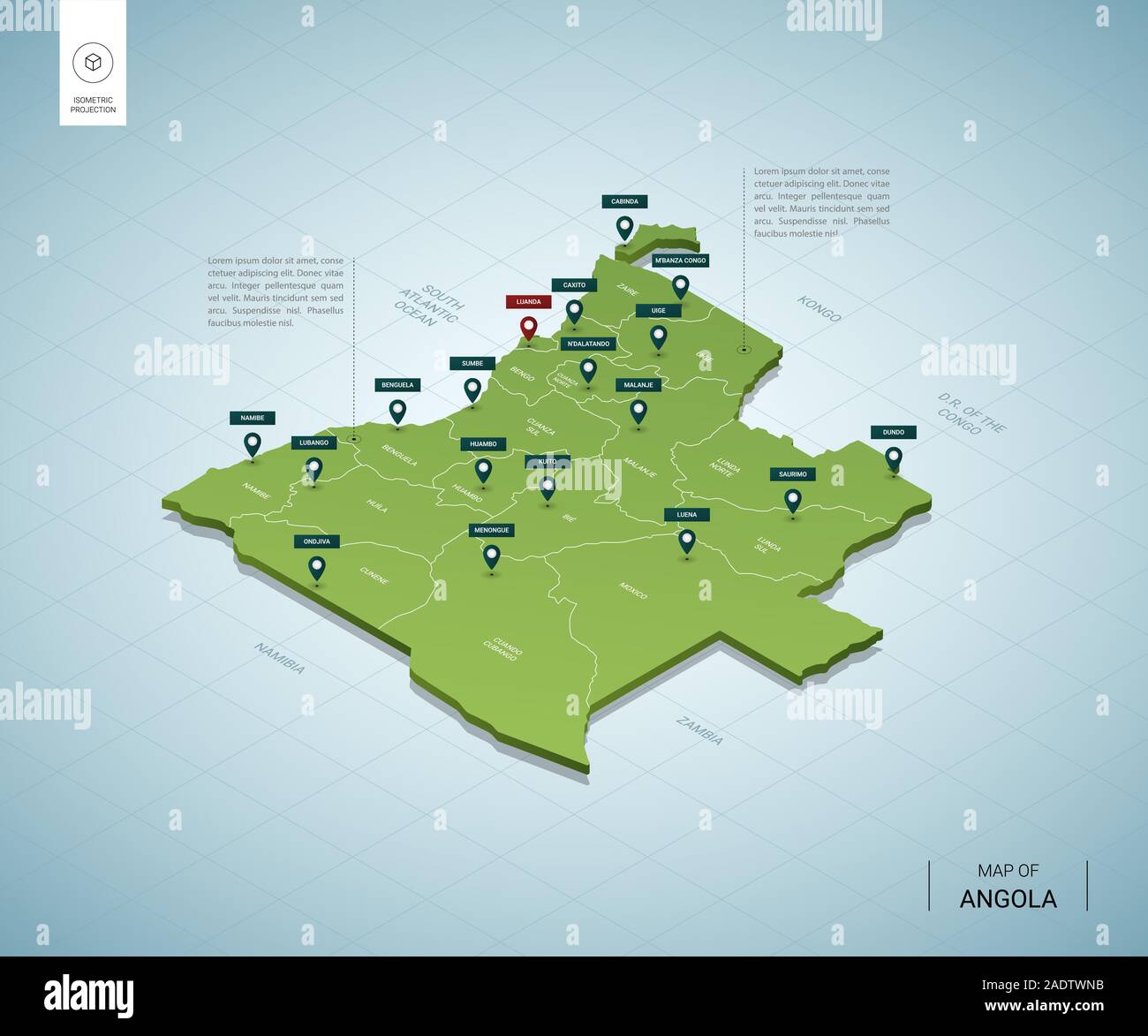 Mapa Estilizado De Angola Green Map 3d Isométrica Con Ciudades