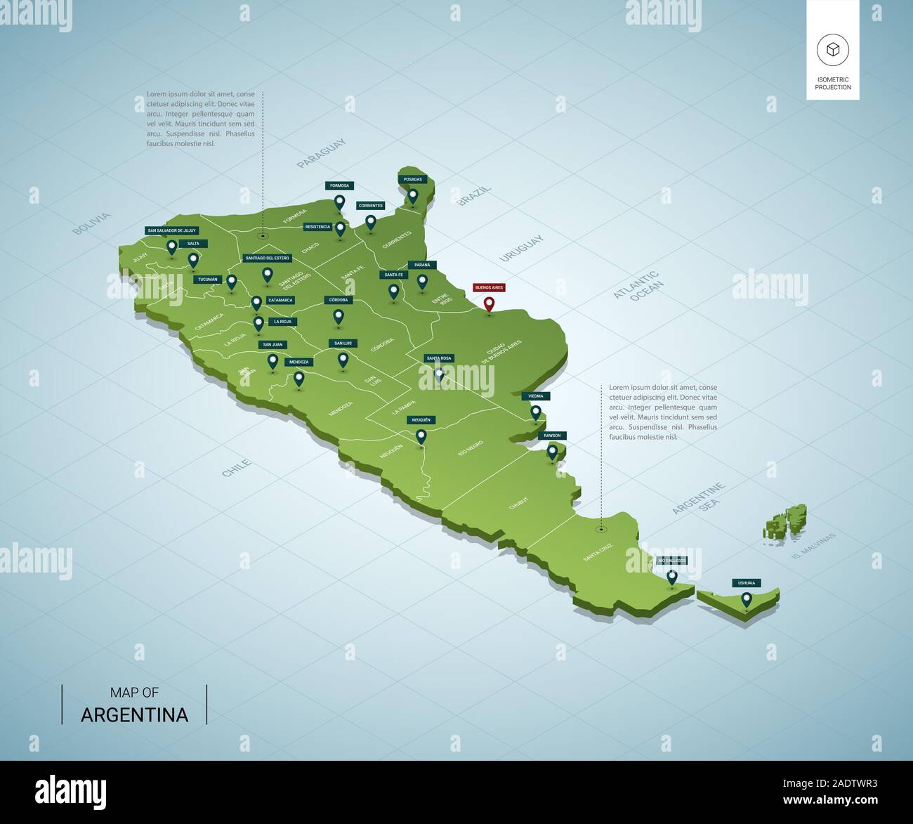 Mapa De Argentina Estilizados 3d Isométrica Green Map Con Las Ciudades
