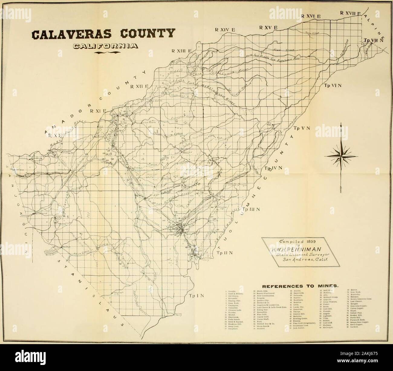 Historic Map Of Calaveras County California Mines Walkup