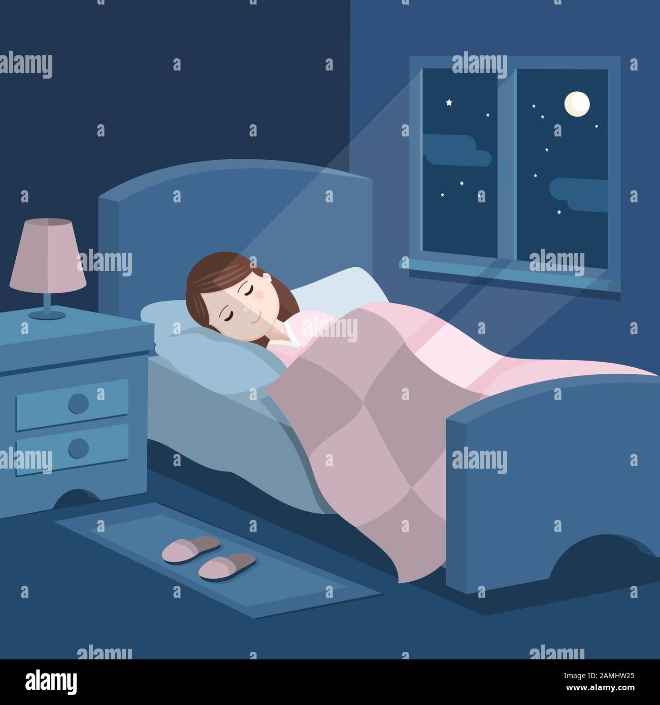 Linda Chica Durmiendo En La Cama Dormitorio Con Ventana Por La Noche