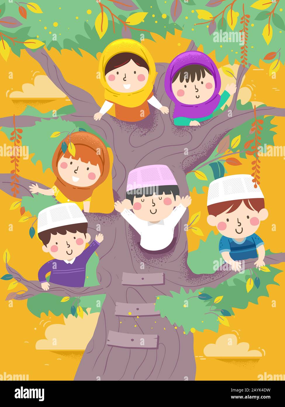 Ilustración de niños musulmanes Usando Hijab y Taqiyah Al Agitando de ... Ilustración de niños musulmanes Usando Hijab y Taqiyah Al Agitando de ...