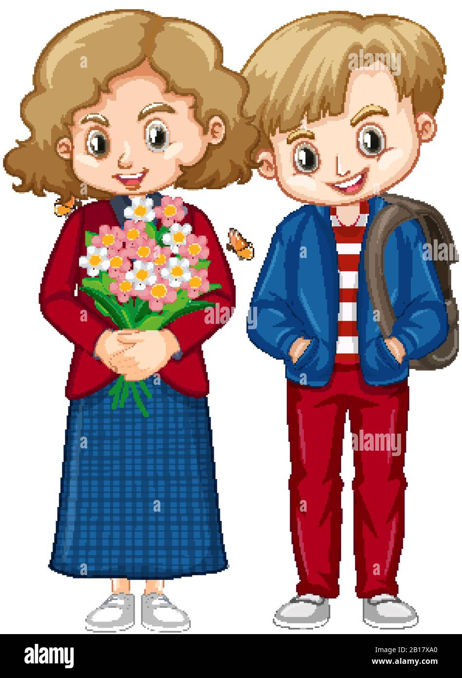Lindo niño y niña con ilustración de ropa azul y roja Imagen Vector de ... Lindo niño y niña con ilustración de ropa azul y roja Imagen Vector de ...