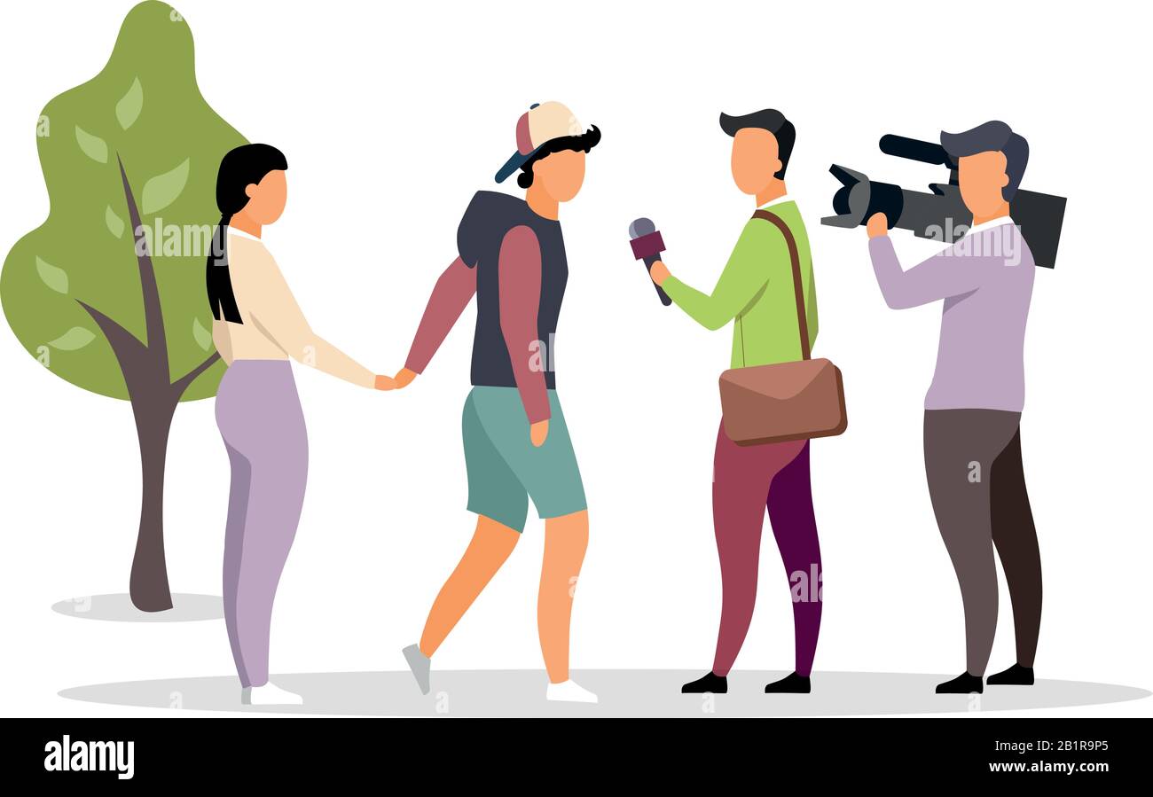 Periodista Entrevistando A Una Pareja En La Ilustración De Vector Plano
