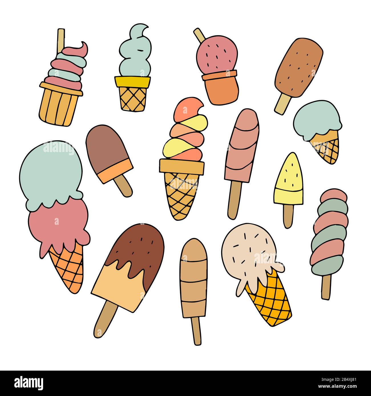 Conjunto De Diferentes Tipos De Helado En Tazas De Gofres Y Sobre Un