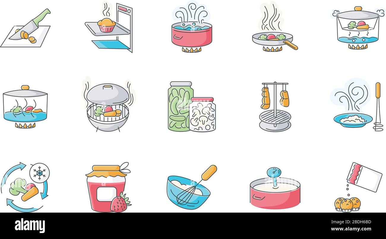 Proceso De Cocción Conjunto De Iconos De Color Rgb Diferentes Métodos