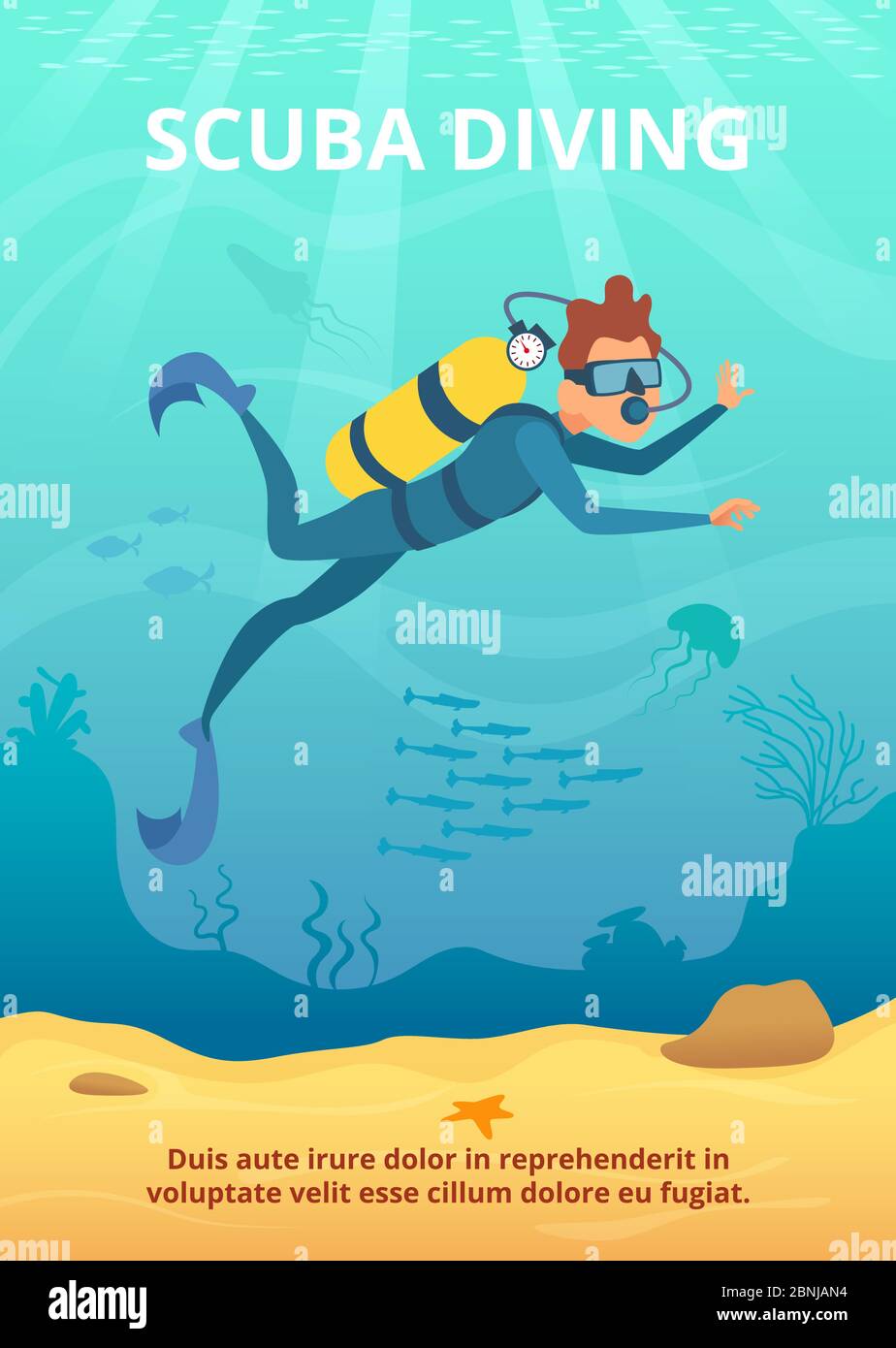 Imagen De Fondo Subacuática Con Buzo De Dibujos Animados Imagen Vector