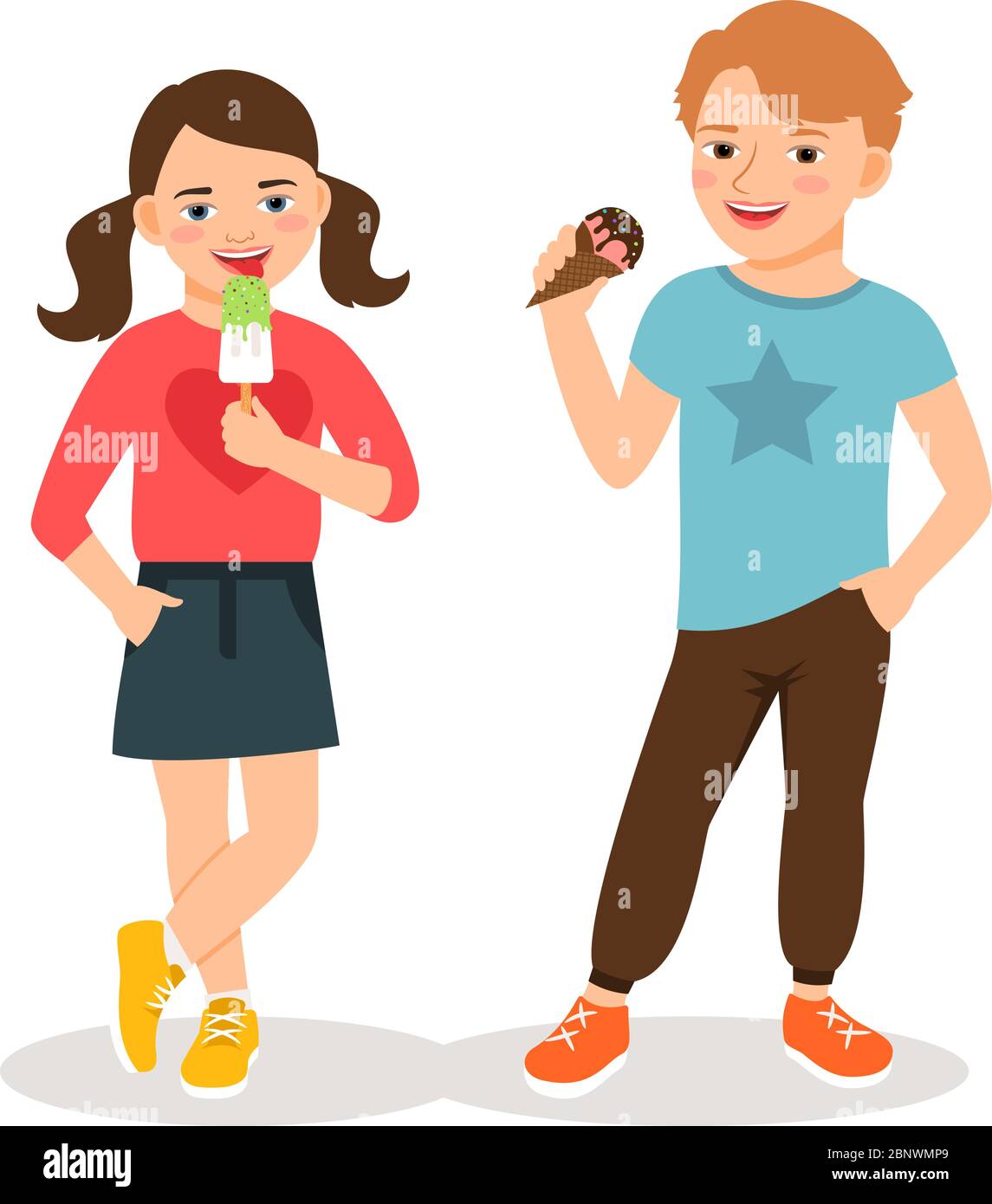 Dibujos Animados Niños Comiendo Helado Vector Ilustración Lindo Chico
