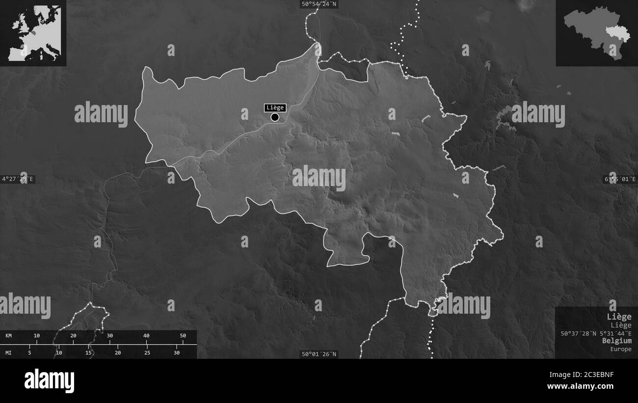 Lieja, provincia de Bélgica. Mapa a escala de grises con lagos y ríos ...