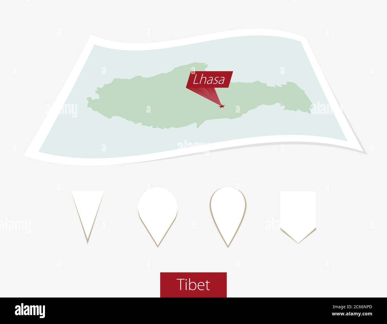 Mapa Curvo De Papel Del Tíbet Con Lhasa Capital Sobre Fondo Gris